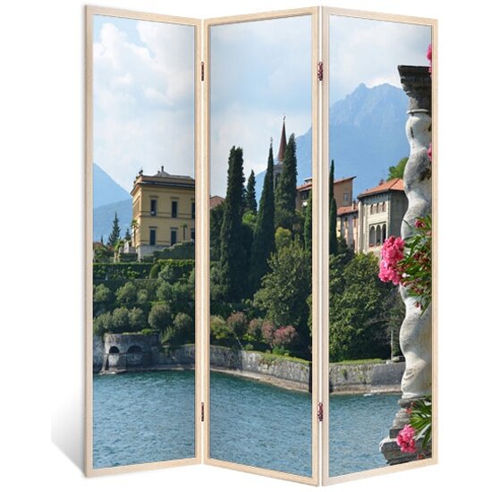 Ширма перегородка Декор Депо для комнаты деревянная "Озеро Гарда" двухсторонняя с картинкой (города) 3 створки кремовый дуб 176х140 см 11 кг