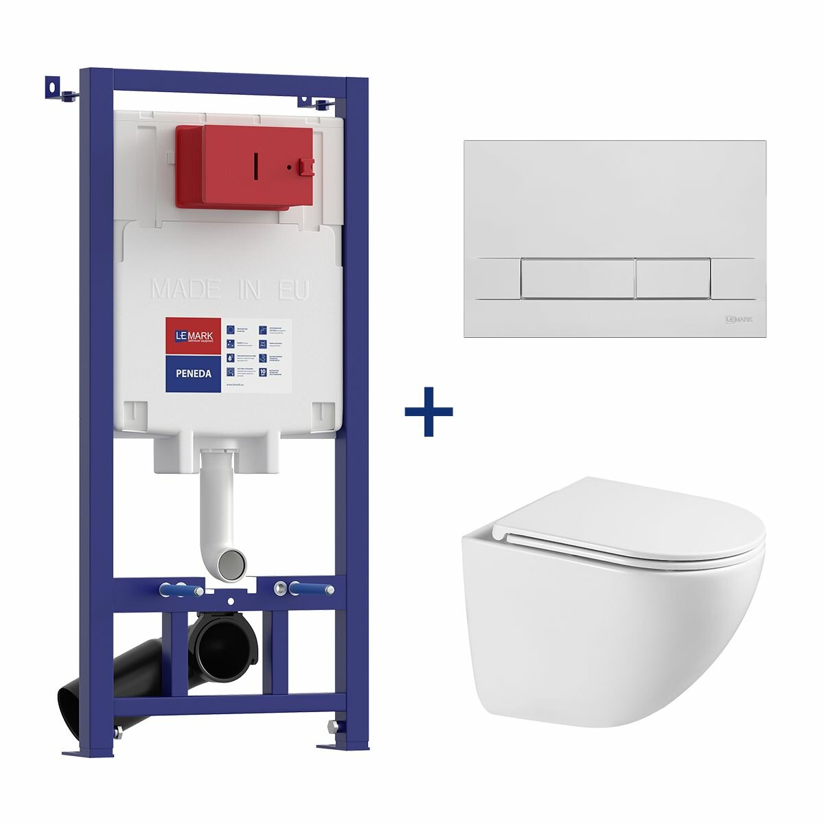 Комплект 3в1: Инсталляция Lemark PENEDA для унитазов с кнопкой смыва BIT, хром глянец + унитаз подвесной безободковый GLAZER Торнадо, белый глянец