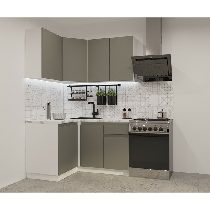 Кухонный гарнитур угловой «Лайн - 2», 1200×1400 мм, цвет белый/обсидиан/мрамор белый