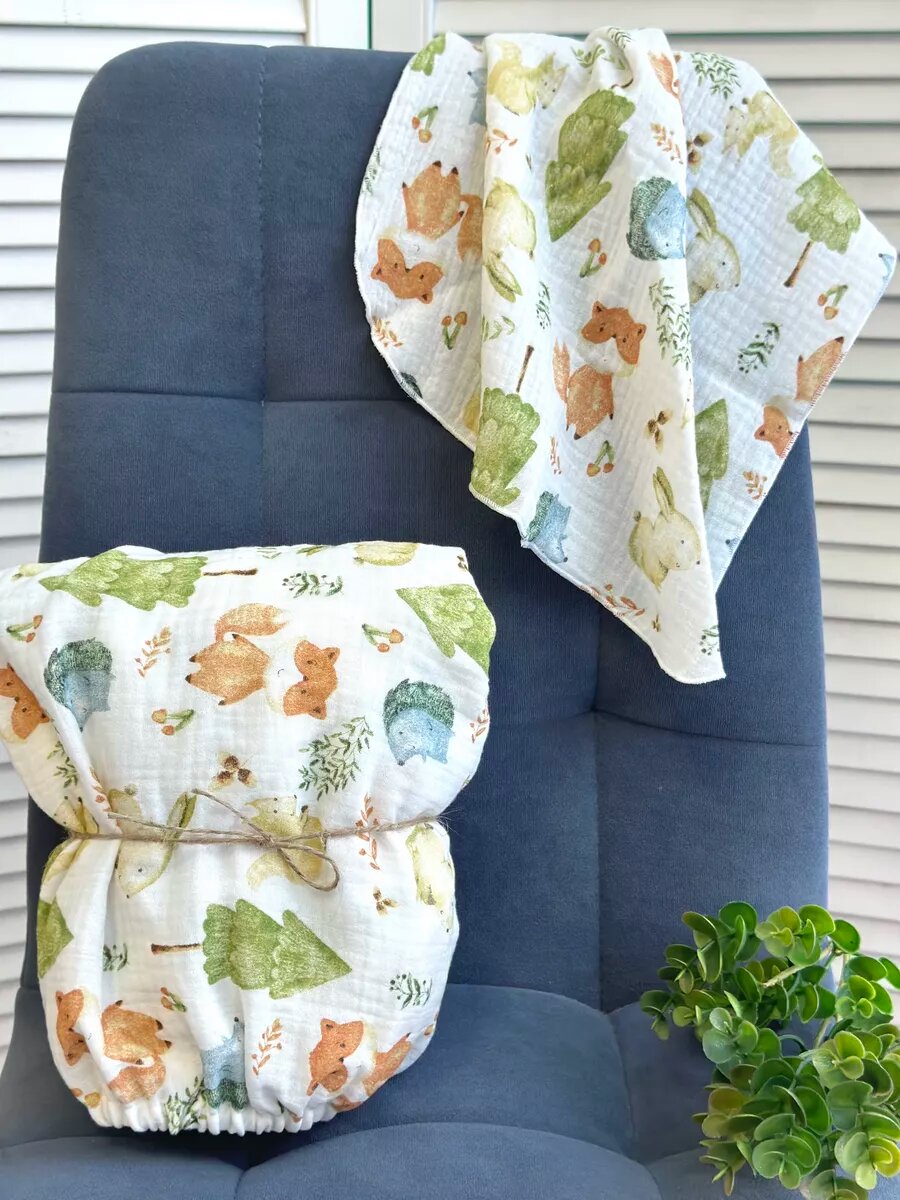 Муслиновая простынь овальная на резинке, платочек в подарок