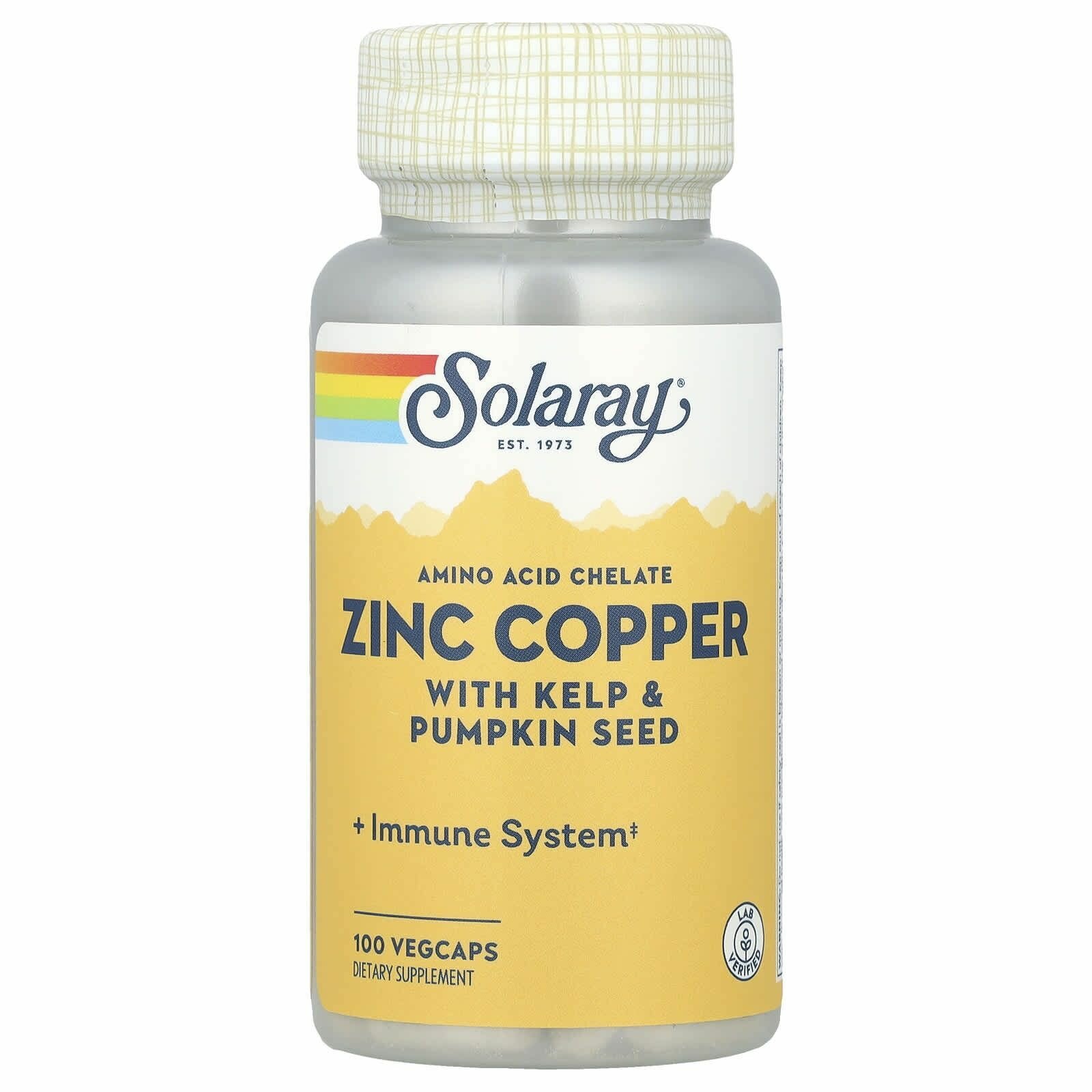 Цинк и медь с бурыми водорослями и тыквенными семечками Solaray Zinc Cooper with Kelp and Pumpkin Seed, 100 капсул