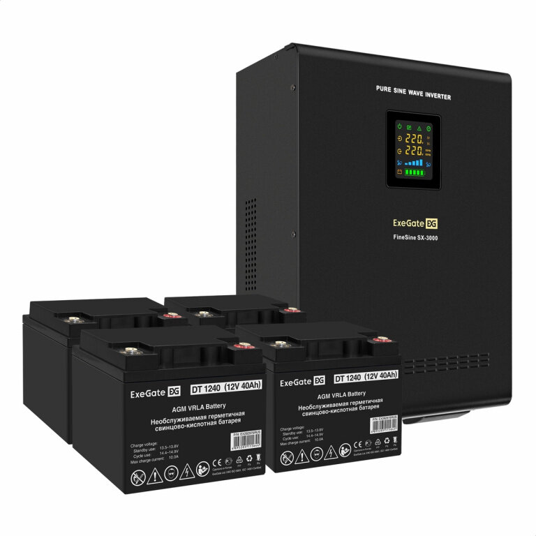 Комплект ИБП EX296003RUS + батарея 40Aч EX282976RUS 4шт (инвертор, синус, для котла, настенный) ExeGate FineSine SX-3000. LCD. AVR.2SH. T <3000VA/2100W, чистая синусоида, цветной LCD-дисплей, AVR, 2*Schuko+клеммы, линейно-интерактивный, крепление настен