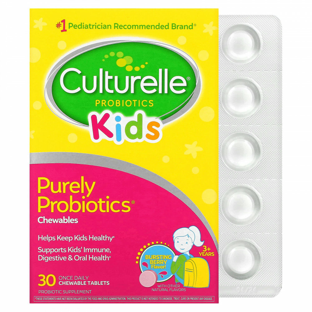 Culturelle, Kids, Purely Probiotics®, чистые пробиотики, для детей старше 3 лет, интенсивный ягодный вкус, 30 жевательных таблеток (25 мг в 1 таблетке)