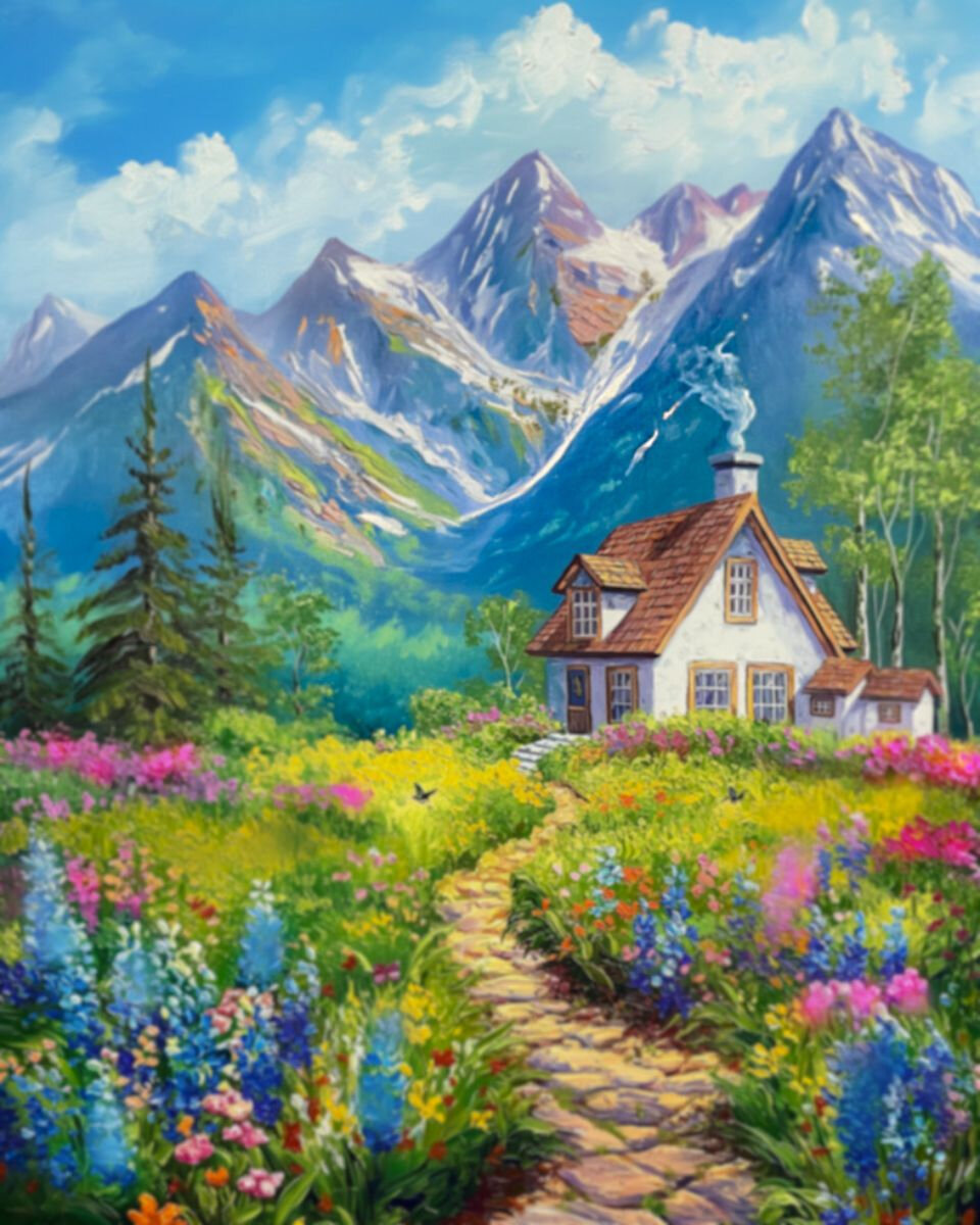 Картина по номерам домик в горах 40х50