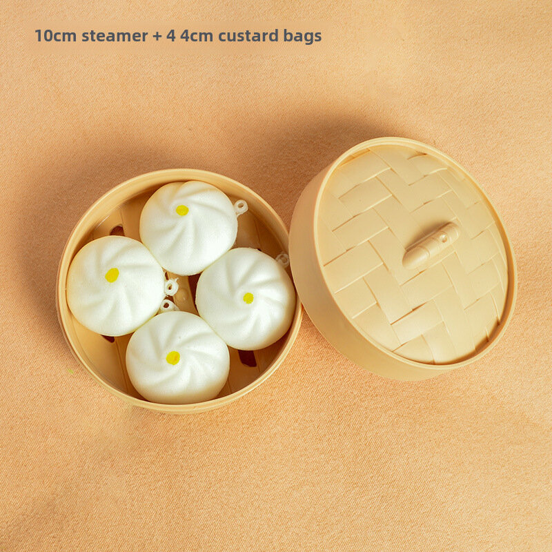 Модель пищевого игрушки для детей: паровая корзина для утреннего чая с мантиями, пирогами, роллами и пельменями (пароварка 10см с крышкой + 4 молочные желтые упаковки 4см), изготовленная из ПУ, детальная конструкция, безопасная для детей, образовательная