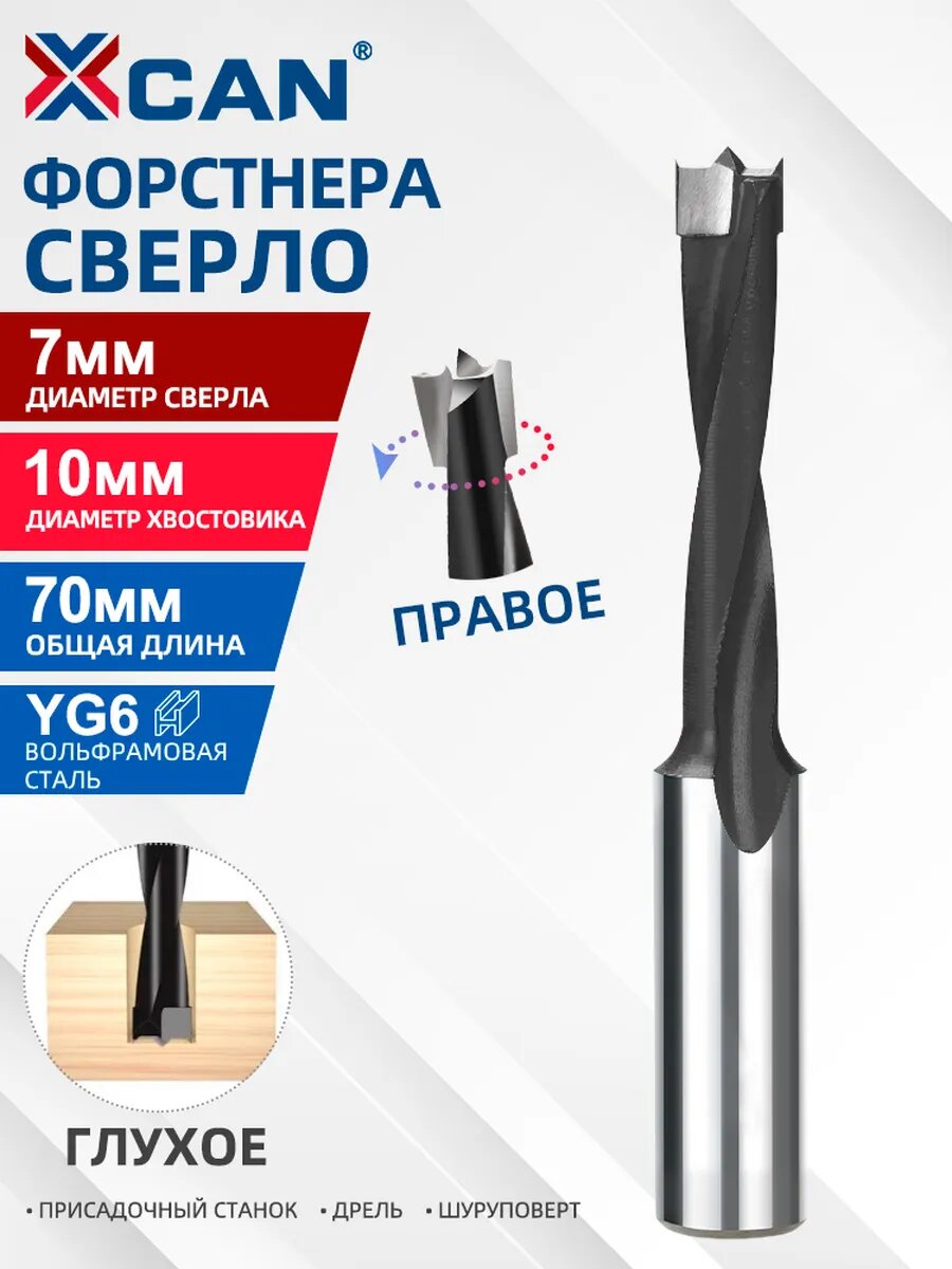Сверло присадочное глухое XCAN 7×70 мм, сплавное сверло с правым вращением, два лезвия, для сверлильных станков