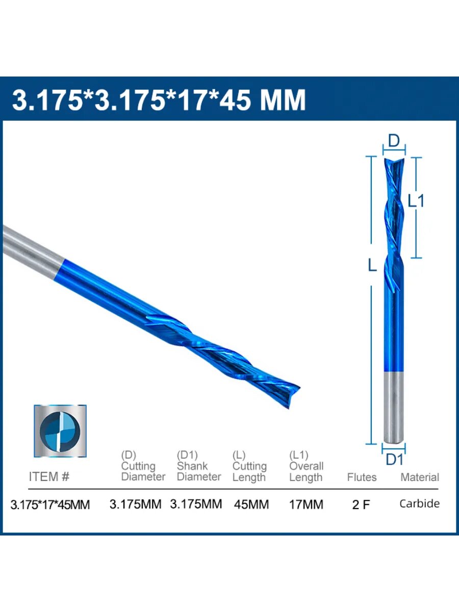 Фреза компрессионная двухзаходная по дереву 3,175х17х45 мм