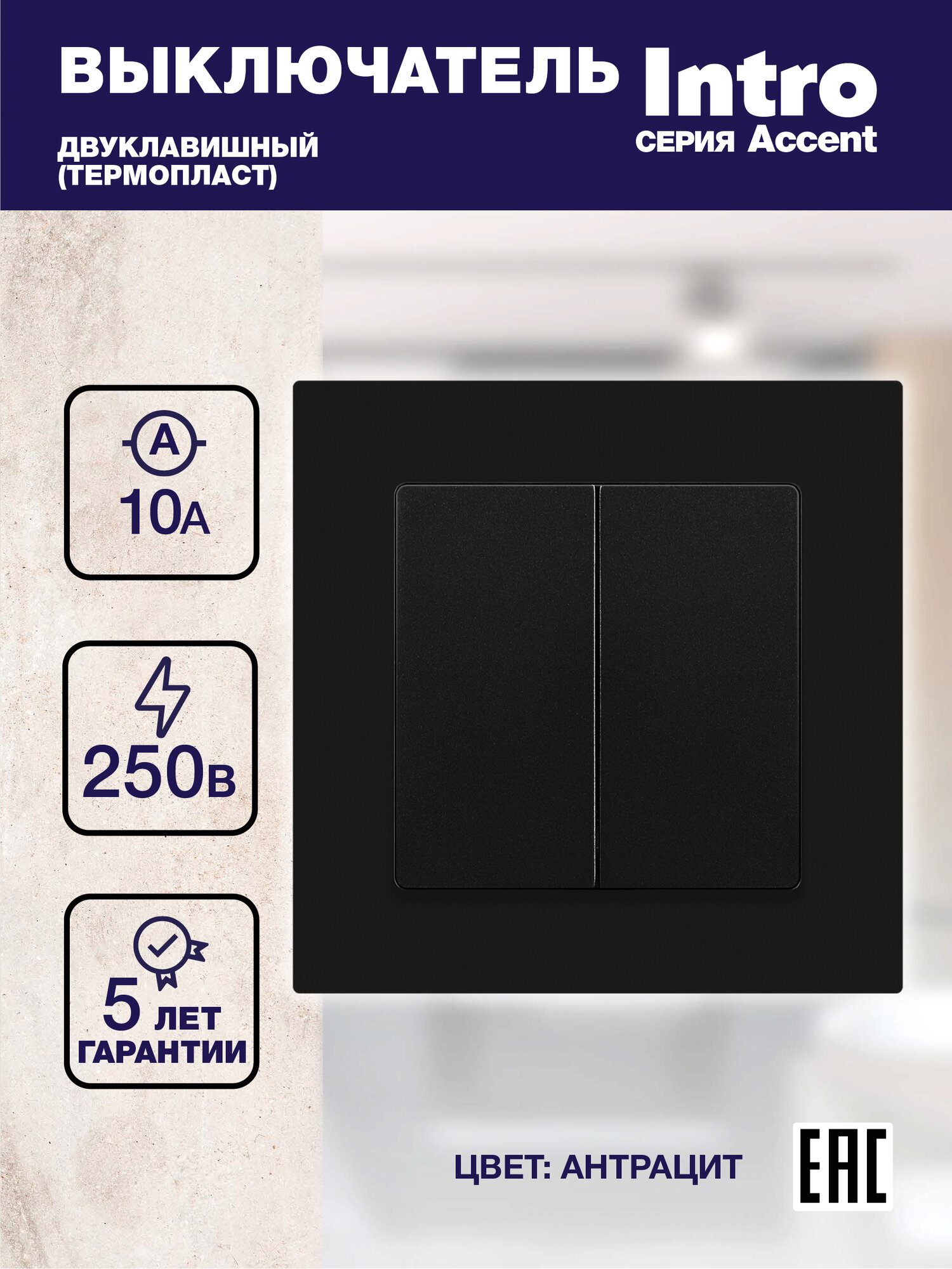 Выключатель двойной Intro Accent 6М-104-05 чёрный без подсветки