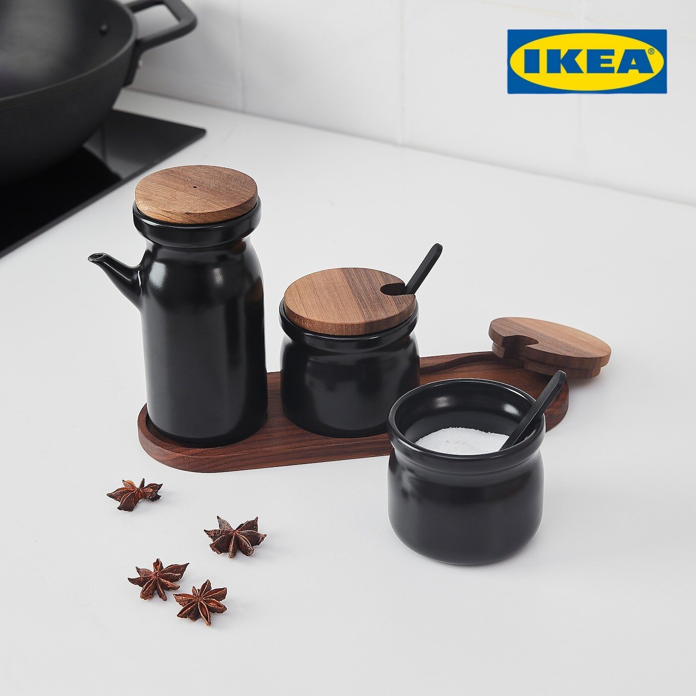Набор из 3 черных банок для специй с подносом, керамика, IKEA HULDHET