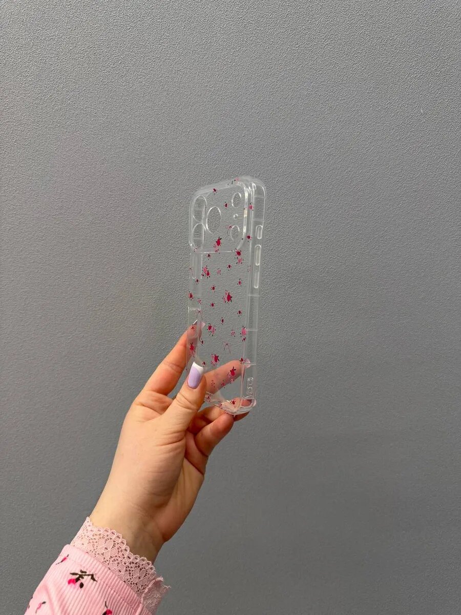 Чехол на Iphone 17 Pro , прозрачный , с рисунком красных цветочков . — фото 1
