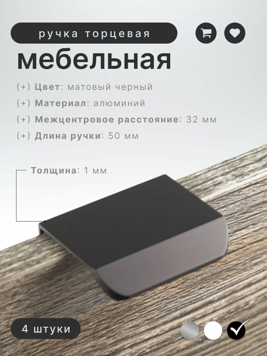 Ручка мебельная торцевая Inred IN.01.1141.32/50. MBA матовый черный, комплект 4 шт, ручка для шкафов, ящиков, комодов, для кухонного гарнитура, фурнитура для мебели