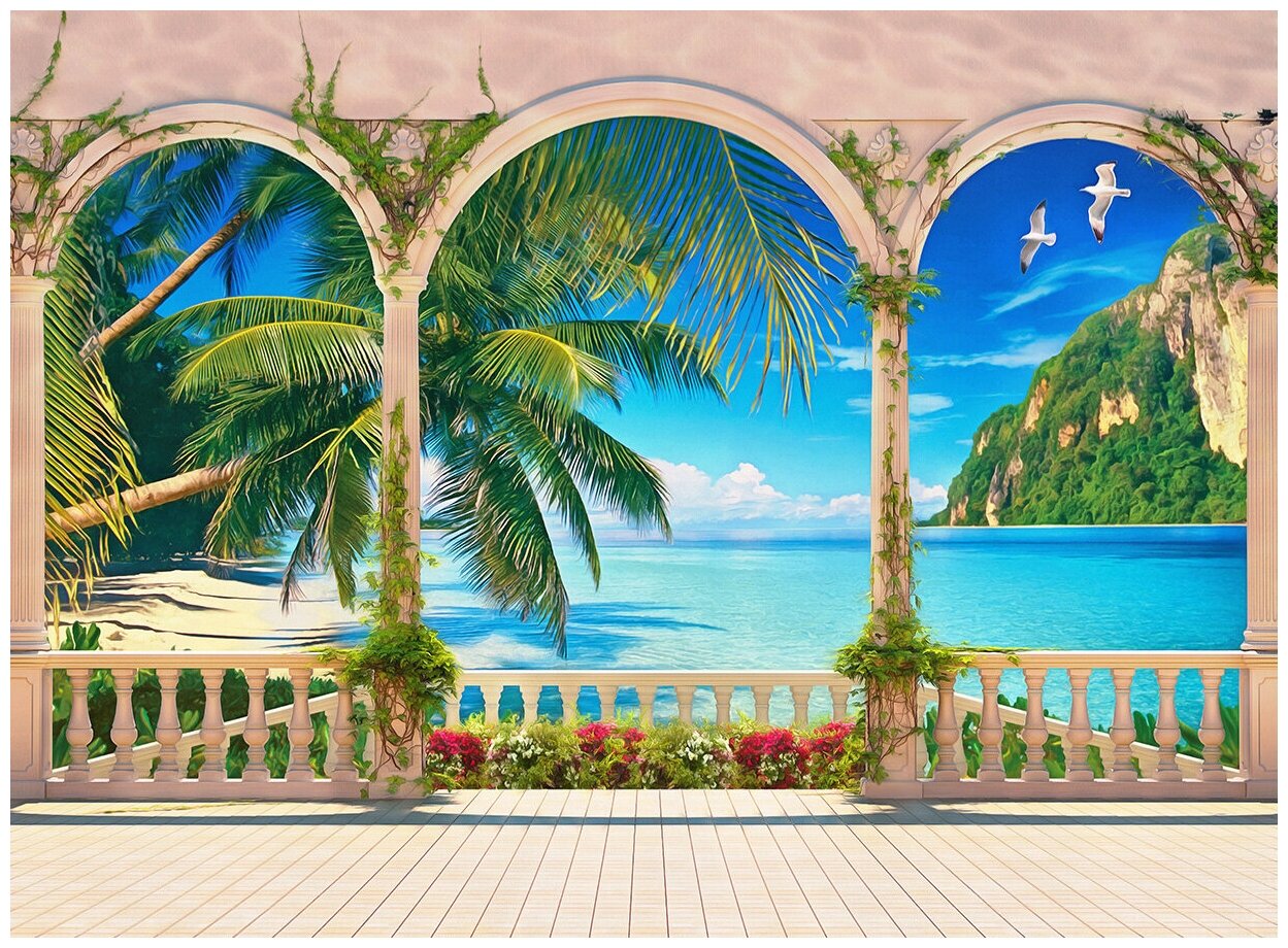 Фотообои Уютная стена "Терраса с арками на берегу тропического пляжа" 370х270 см Бесшовные Премиум (единым полотном)