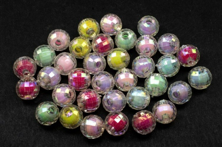 Бусины акриловые круглые граненые 8мм, отверстие 2мм, ассорти цветов, радужное покрытие, 540-329, 10г (около 37шт)