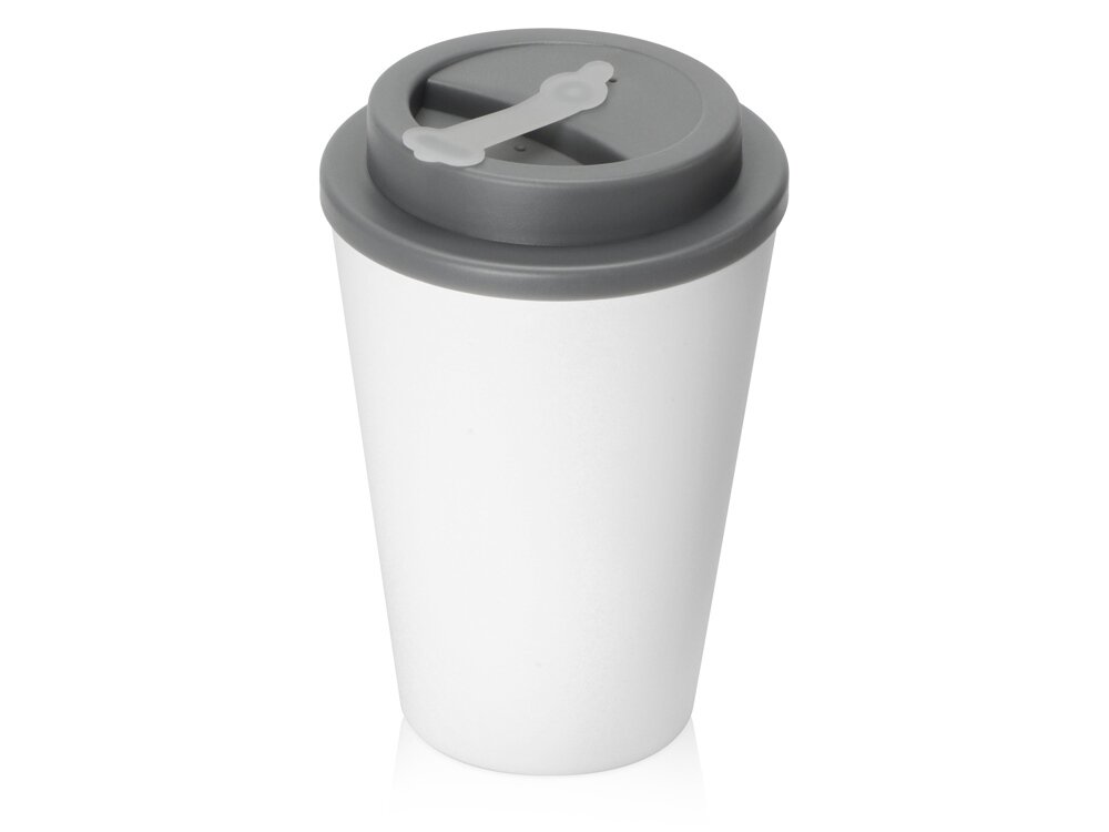 Пластиковый стакан "Take away" с двойными стенками и крышкой с силиконовым клапаном, 350 мл, цвет белый/серый