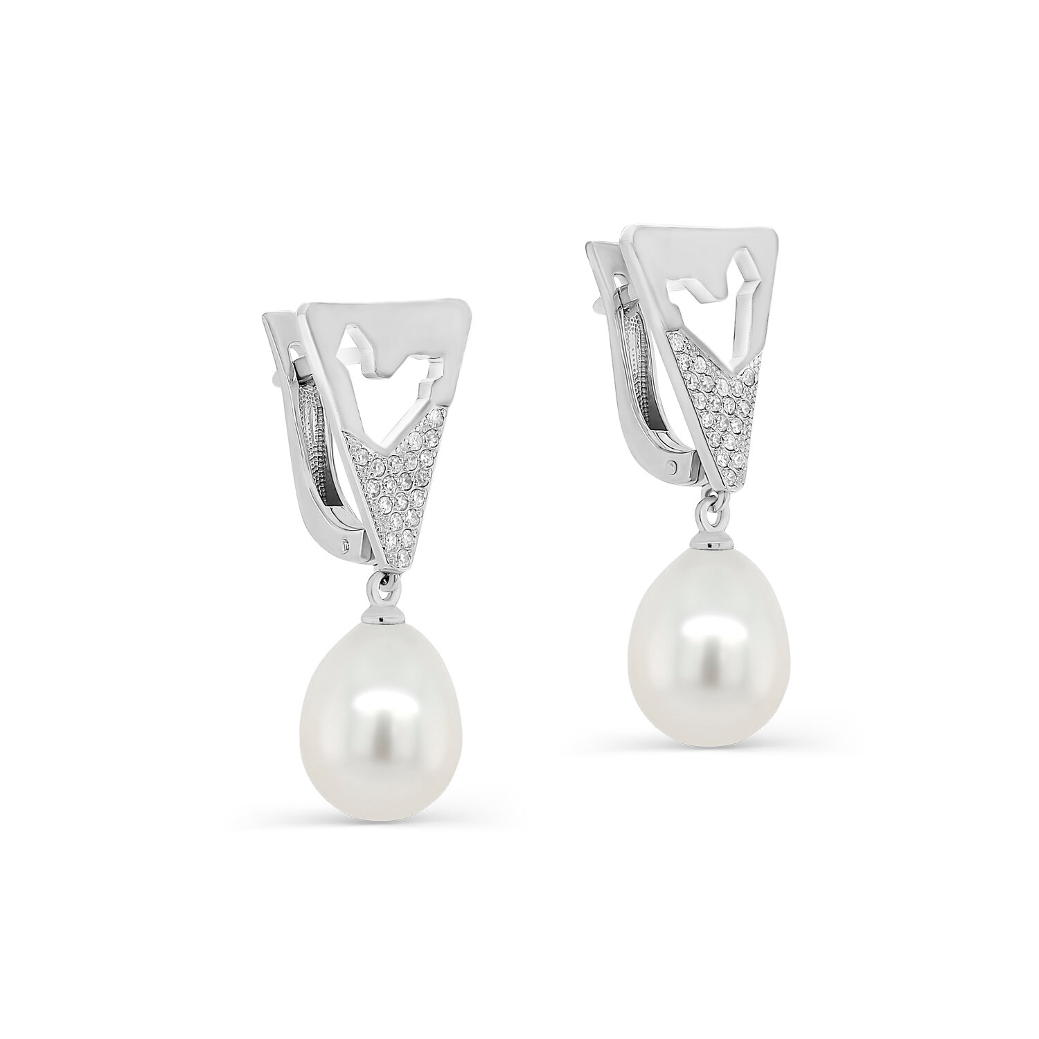 Серьги с подвесками, серебро, 925 проба, родирование, жемчуг, фианит