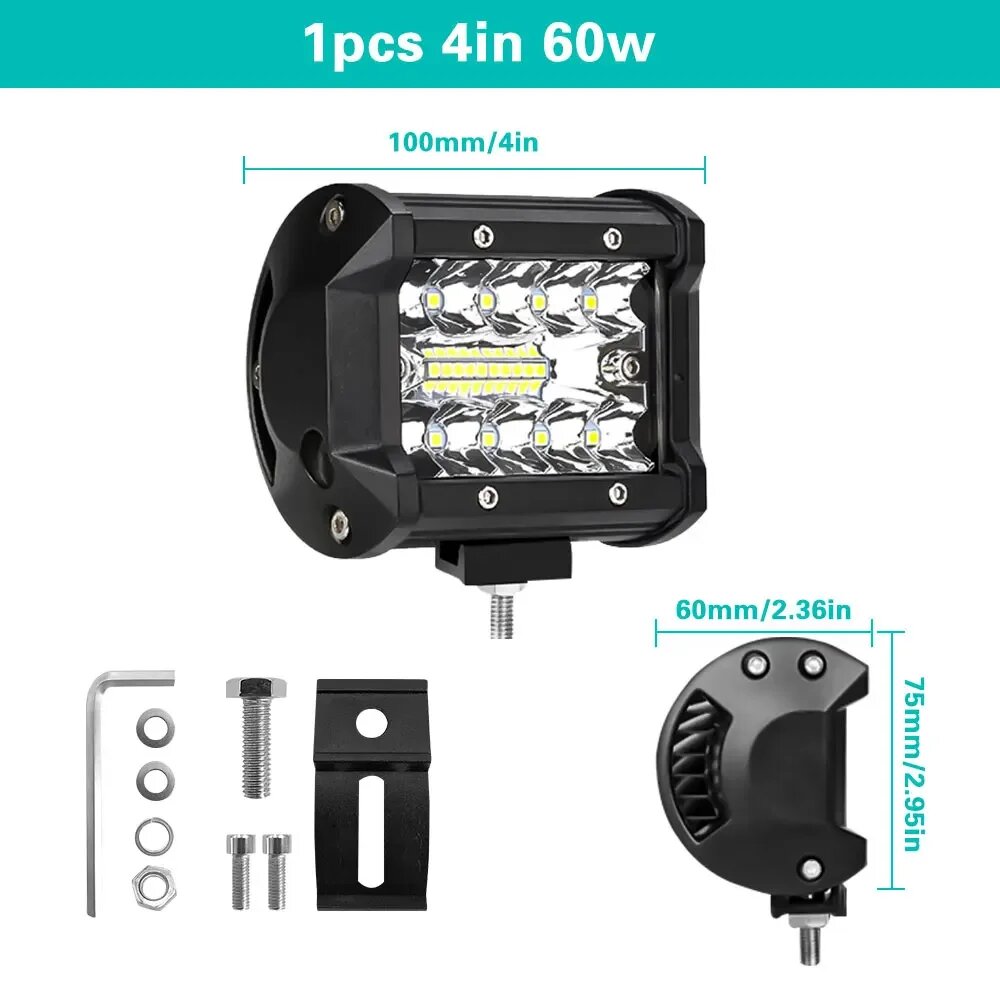 Светодиодный рабочий фонарь, прожектор, светодиодный комбинированный луч, светодиодный 12 В, 24 В, 6000 К, 4x4, внедорожный для автомобиля, грузовика, квадроцикла, внедорожника 4/7/9/12/15/20 дюймов 4inch 1PCS 60W