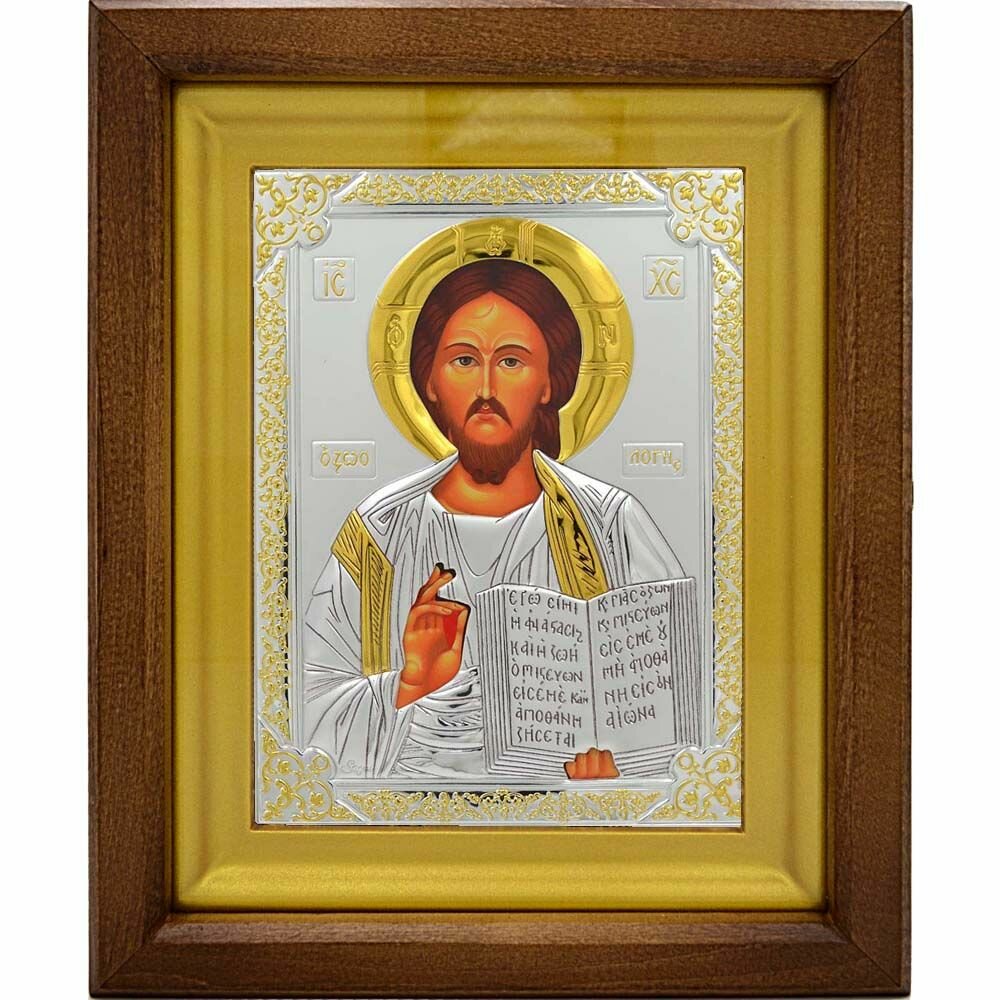 Спаситель Вседержитель. Икона Иисуса Христа в серебряном окладе. (13,5 х 18,5 см / 20 х 25 х 6 см / В серебряном окладе в киоте под стеклом)