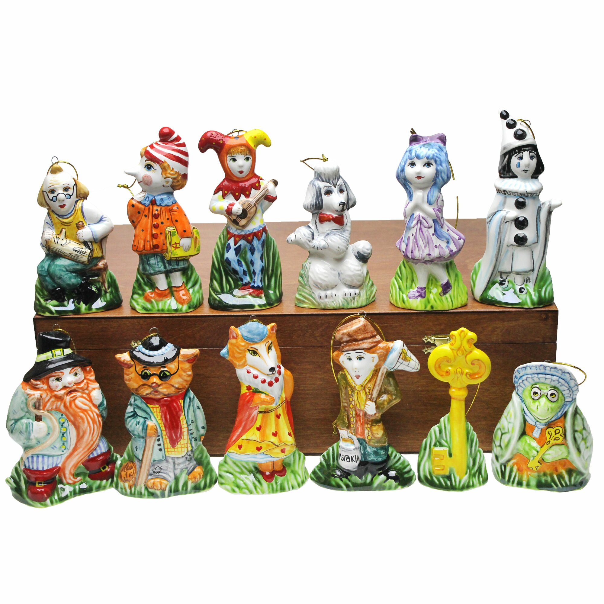 "Золотой Ключик приключения Буратино: Большой набор все персонажи" в деревянной коробке Набор керамических елочных игрушек украшений цветная коллекция