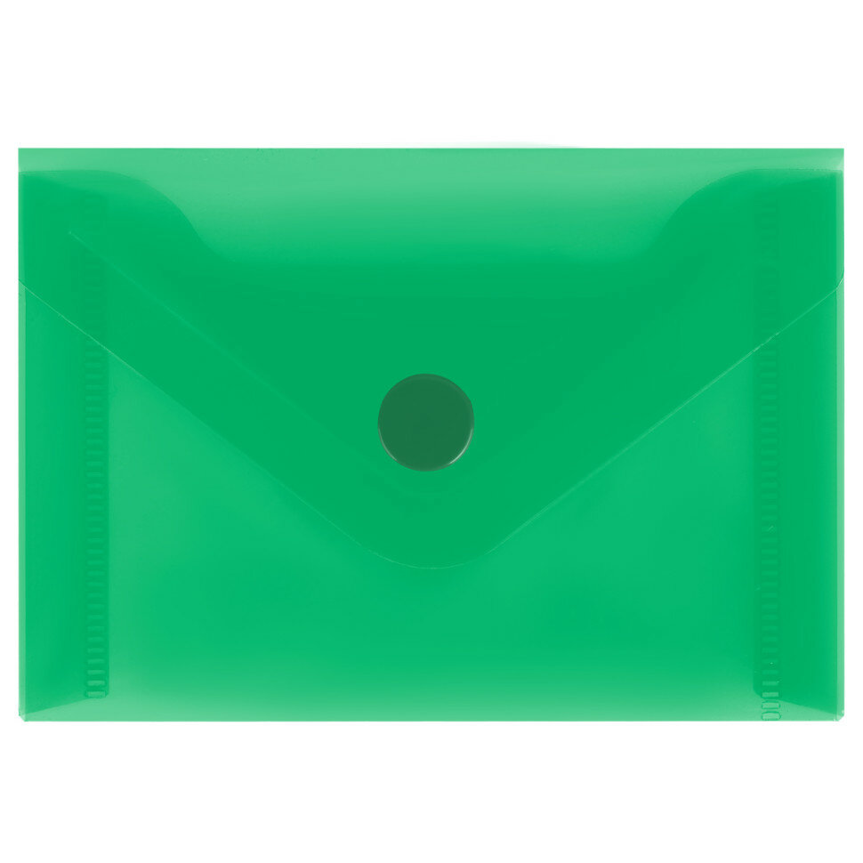 Папка-конверт на кнопке СТАММ А7 (74*105мм), 150мкм, пластик, прозрачная, зеленая, 20 штук, 370529