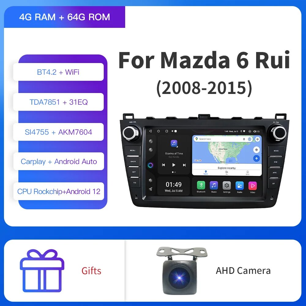 Kapud 9-дюймовый Android 12 автомобильный радиоприемник мультимедийный плеер для Mazda 6 6 (GH) RUI 2008 2010 2012 2013 2015 навигация CarPlay GPS Auto