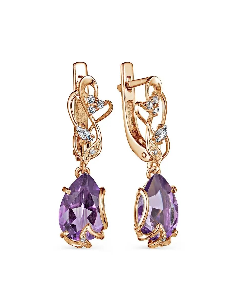 Серьги, красное золото, 585 проба, аметист, бриллиант