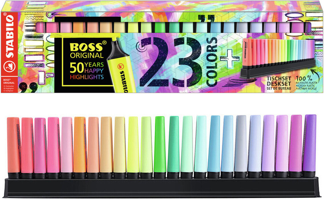 Набор текстовыделителей Stabilo Boss Original Pastel (толщина линии 2-5 мм, 23 цвета: 9 флуоресцентных + 14 пастельных) -enj