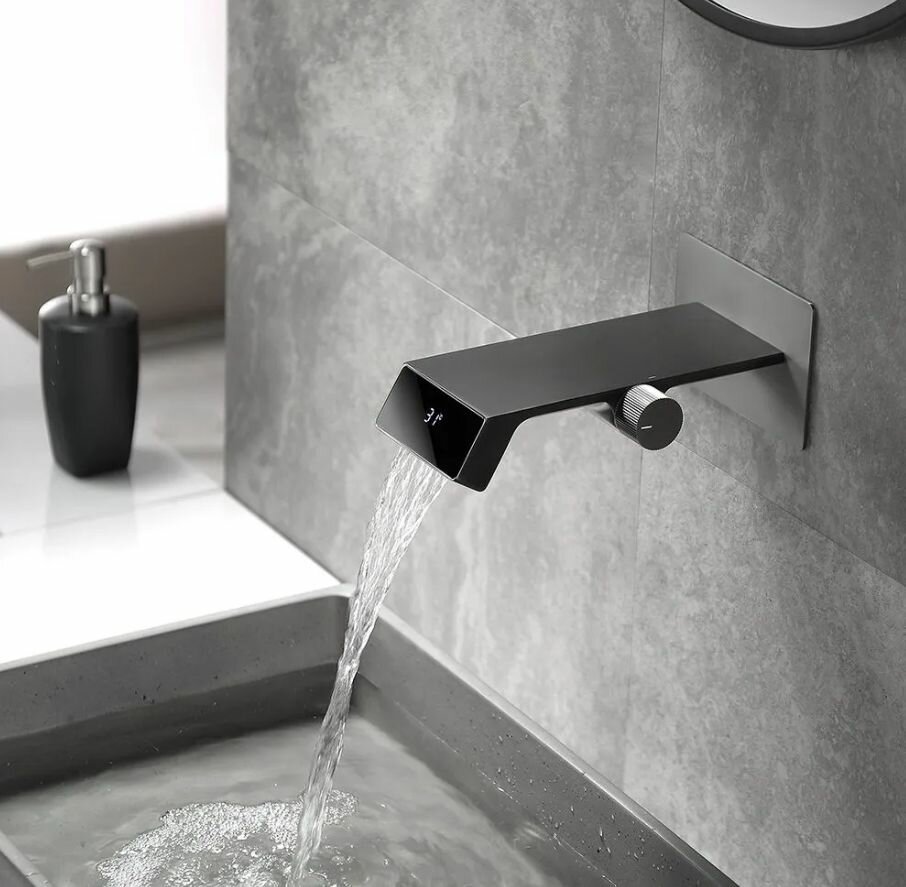 Раковина (умывальник) со встроенным краном, цифровой дисплей, водопадный излив, латунь, подходит для ванны, темно-серый