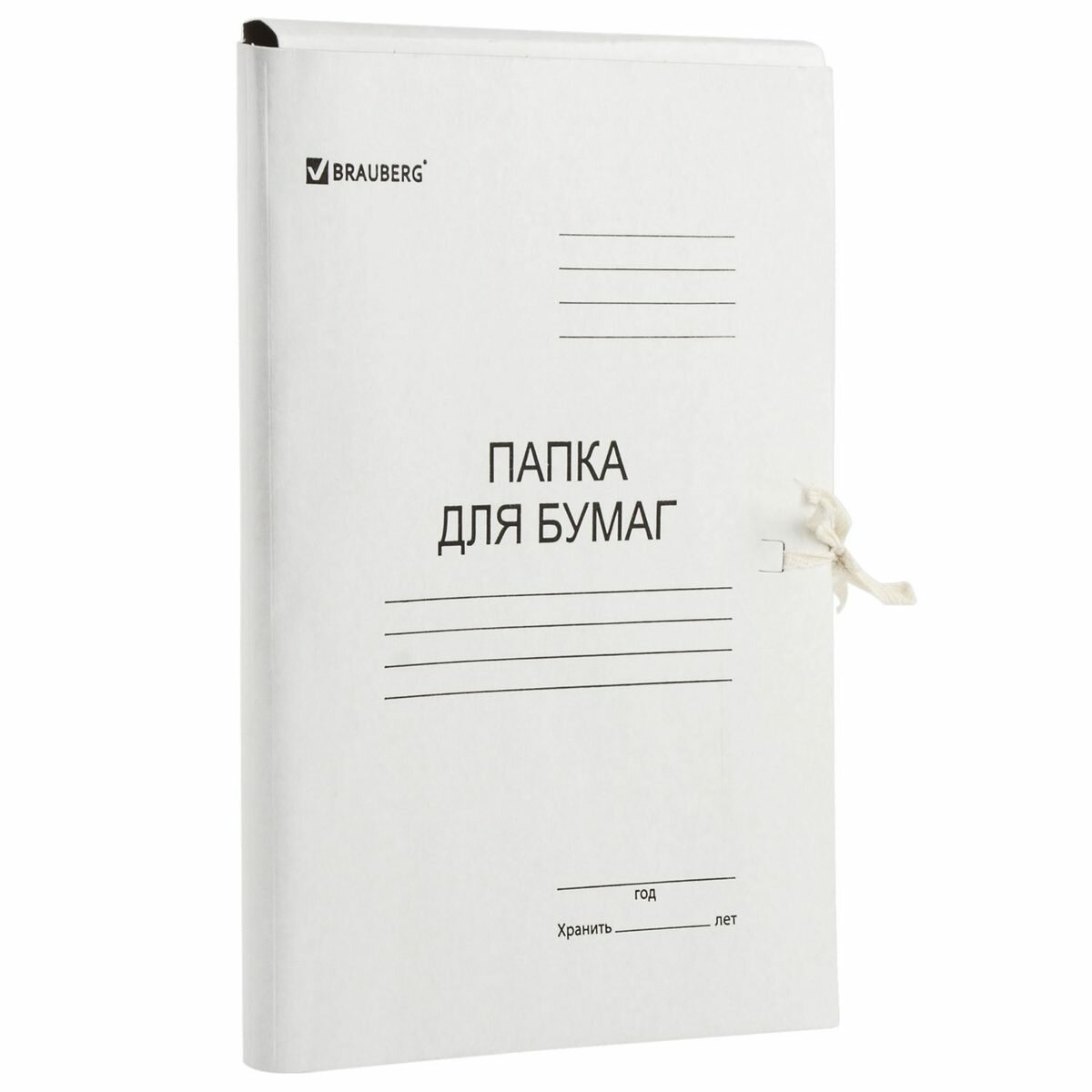 Папка с завязками картонная Brauberg (А4, 440 г/м2, на 200л, картон немелованный) белая, 100шт.