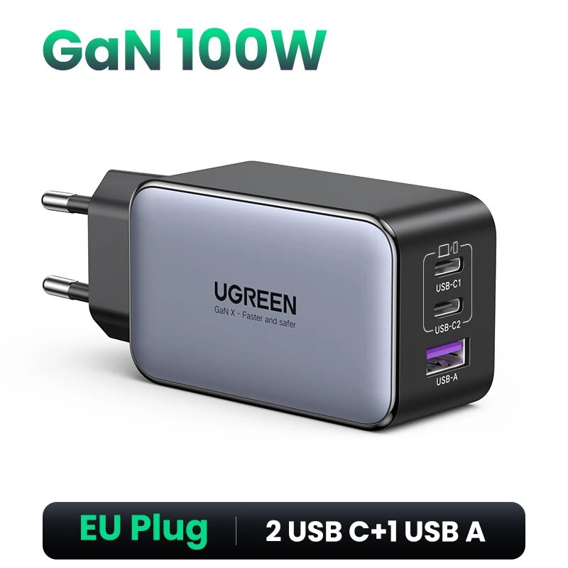 UGREEN 100 Вт GaN Зарядное устройство USB C Зарядное устройство QC4.0 3.0 Быстрая зарядка для ноутбука Macbook Air Tablet PDFast Зарядное устройство для iPhone 17 16 15Pro EU GaN 100W