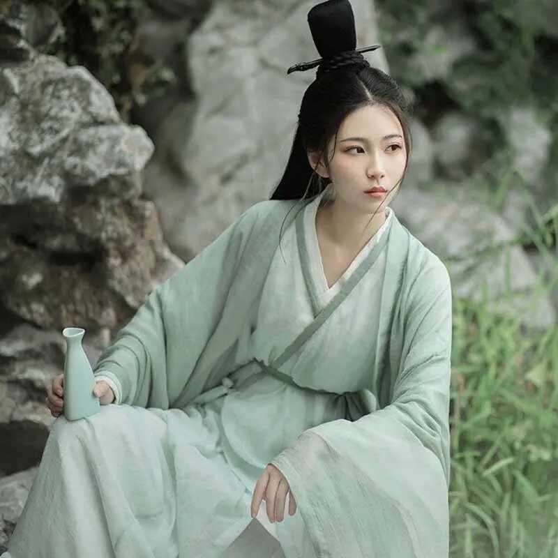 Женское платье ханьфу белый полиэстер L, Green 3pcs set