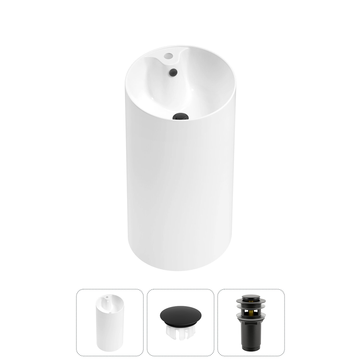 Круглая напольная раковина для ванной Wellsee Callipy Art 20217199R в наборе 3 в 1: отдельностоящая раковина моноблок в цвете белый глянец с заглушкой на переливзаглушка на перелив, донный клапан