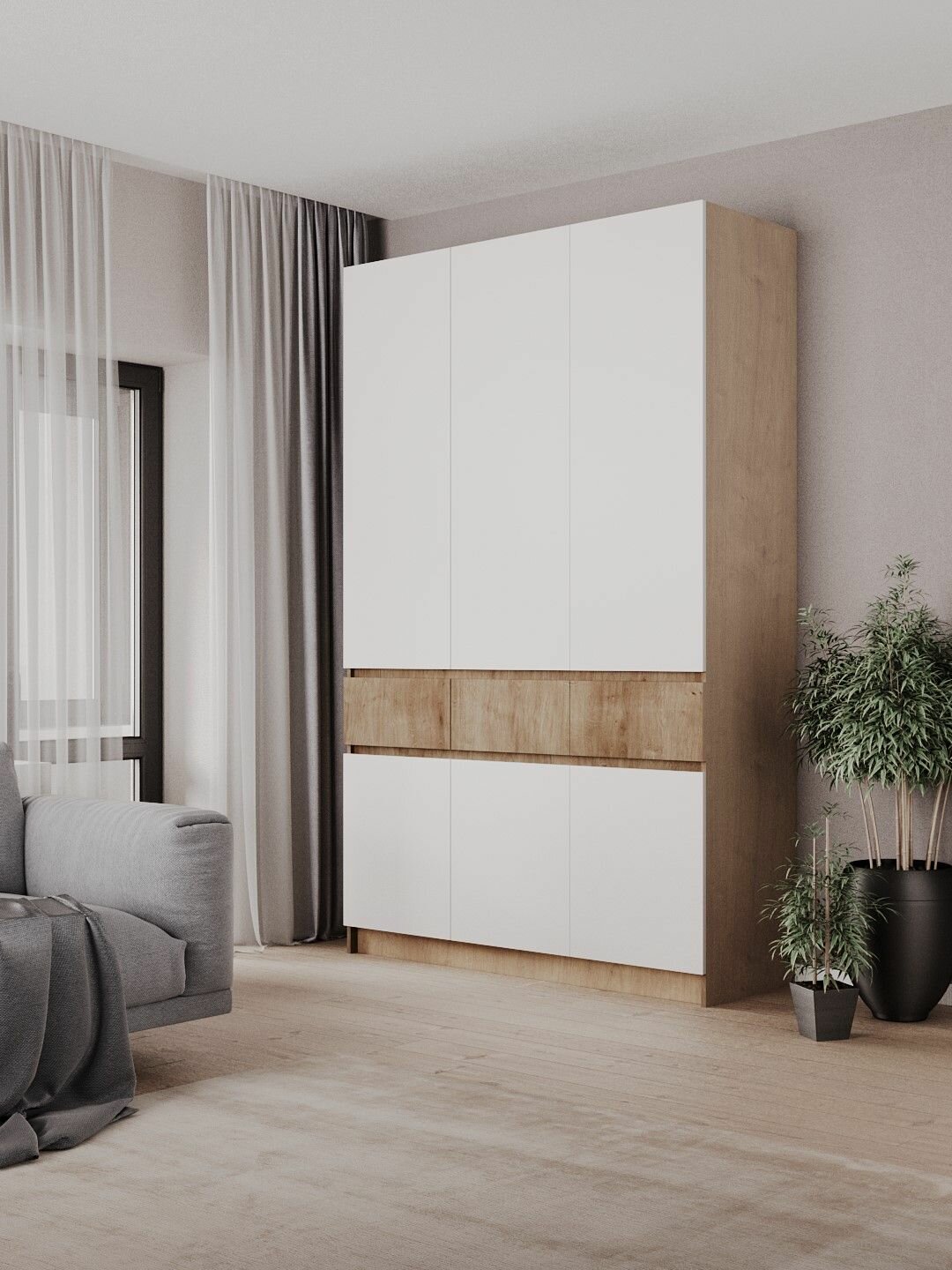 Шкаф распашной Артек(Бостон) белый глянец/дуб крафт золотой ЛДСП, с ящиками, полками, штангой, для спальни, гостиной 1500х2364х490 мебельный РАЙ