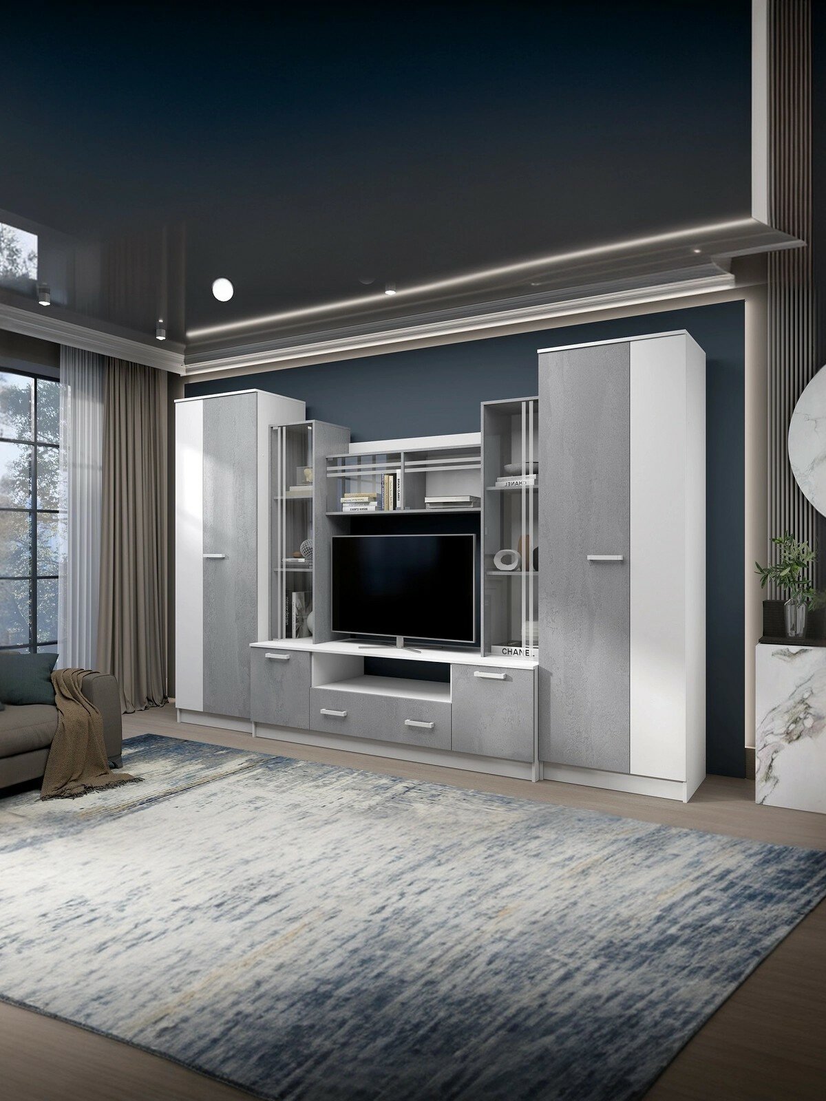 Гостиная "Николь-2", шкаф с полками, тумба под телевизор, полка, стеклостворки, Бетонный камень современный стиль