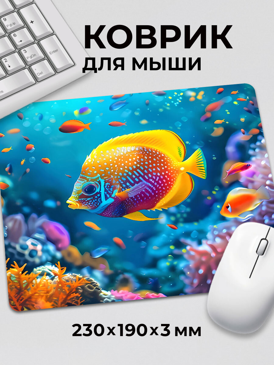 Коврик для мышки Подводный мир Рыба Ангел Океан Море рыбки Море океан, на нескользящем резиновом основании 230x190x3 мм