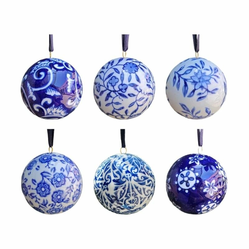 Набор из 6 предметов, рождественское украшение для елки, подвесной шар голубого и белого фарфора-темно-синий