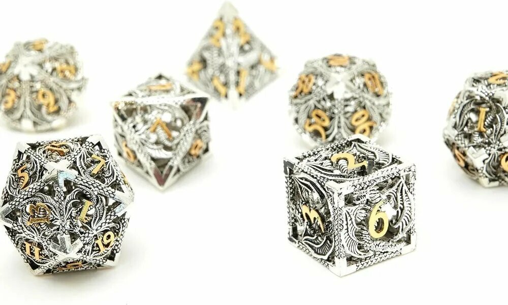 Металлические Кубики DnD Дракон - Набор из 7 кубиков для днд, Цинковый сплав, Золотой дизайн с драконом, Дайсы для Dungeons Dragons (ДнД)