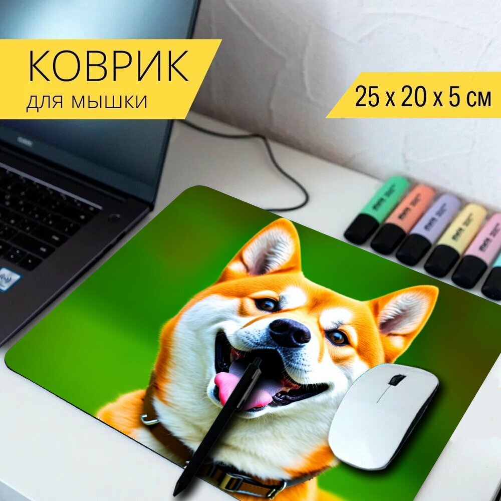 Коврик для мыши с принтом "Portrait of a happy Shiba Inu dog with a blurred green background, orange and white fur, triangular ears, heart-shaped pendant on a collar, open." 25x20см.