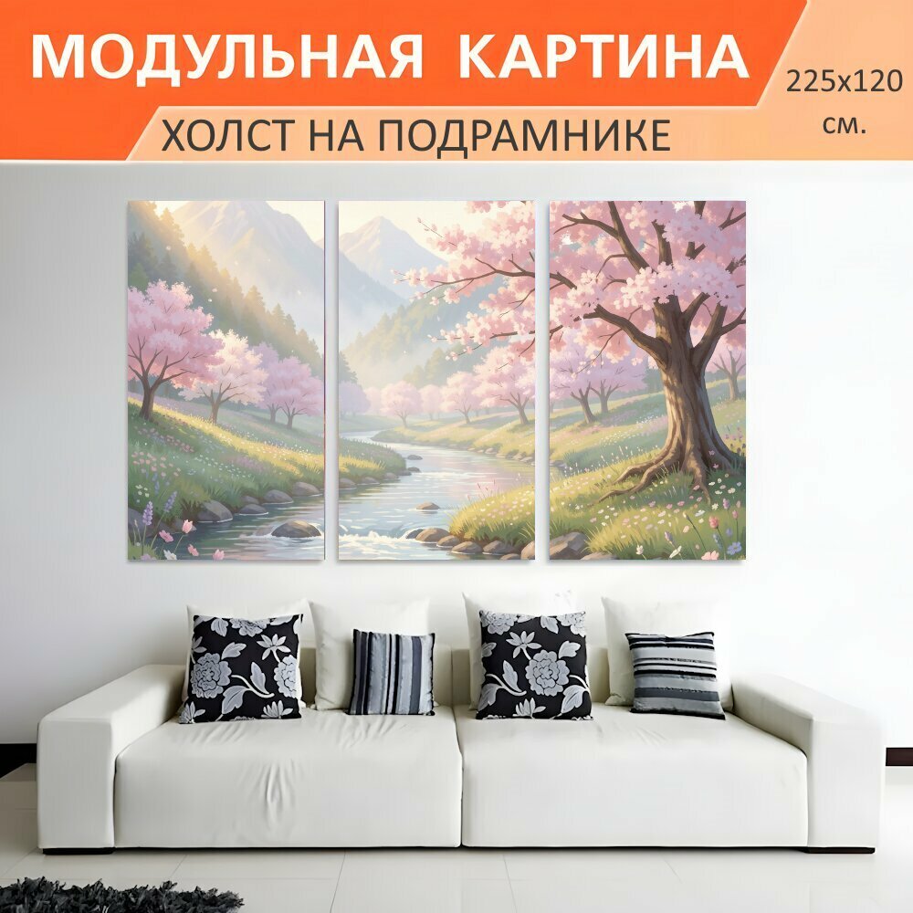 Модульная картина на холсте "Цветущая долина у горной реки. Нежный весенний пейзаж в пастельных тонах: розовые деревья, извилистый." триптих на подрамнике 225х120 см. для интерьера