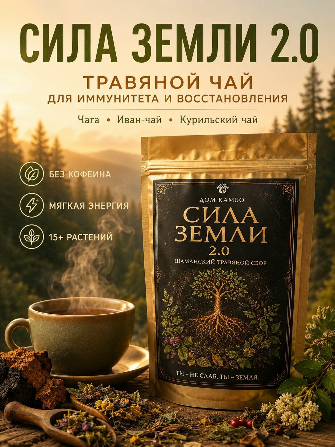 Травяной чай для иммунитета и энергии без кофеина Чага, Иван-чай, Курильский чай Сила Земли 2.0 50 г