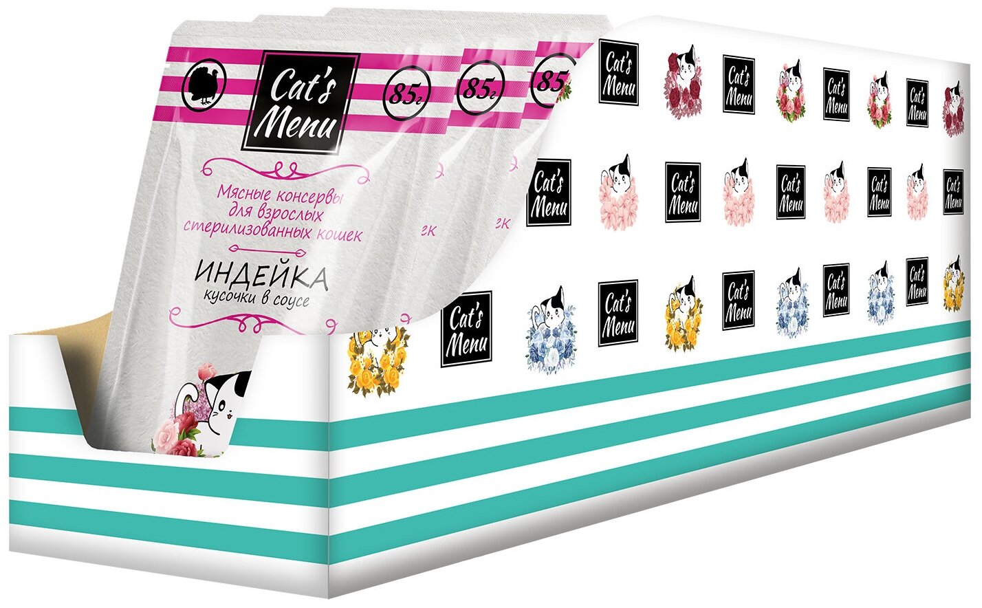 С Индейкой кусочки паучи кэтс меню для взрослых стерилизованных кошек (цена за упаковку) 85г х 30шт в соусе
