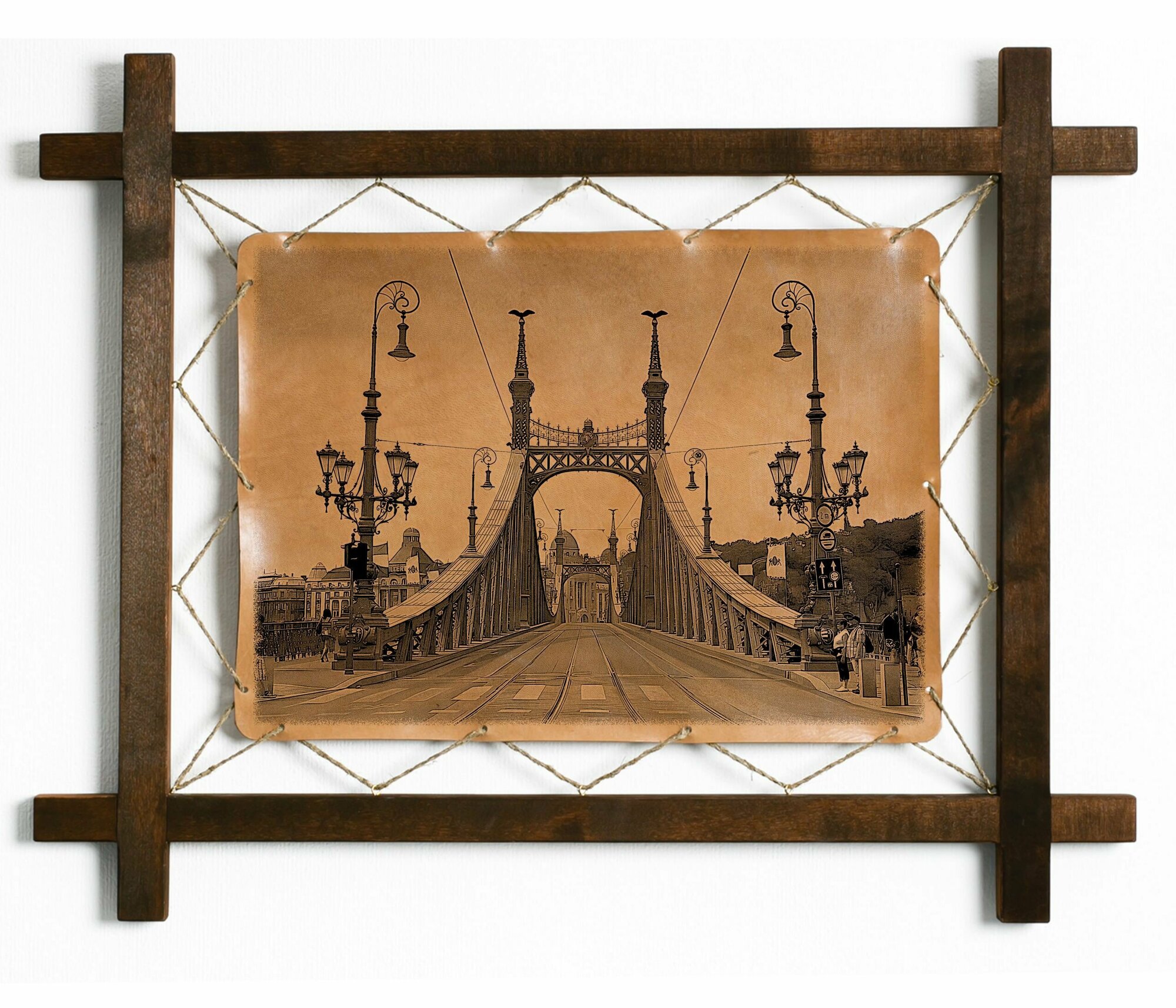 Картина интерьерная, натуральная кожа, "Мост свободы", в деревянной раме, BoomGift