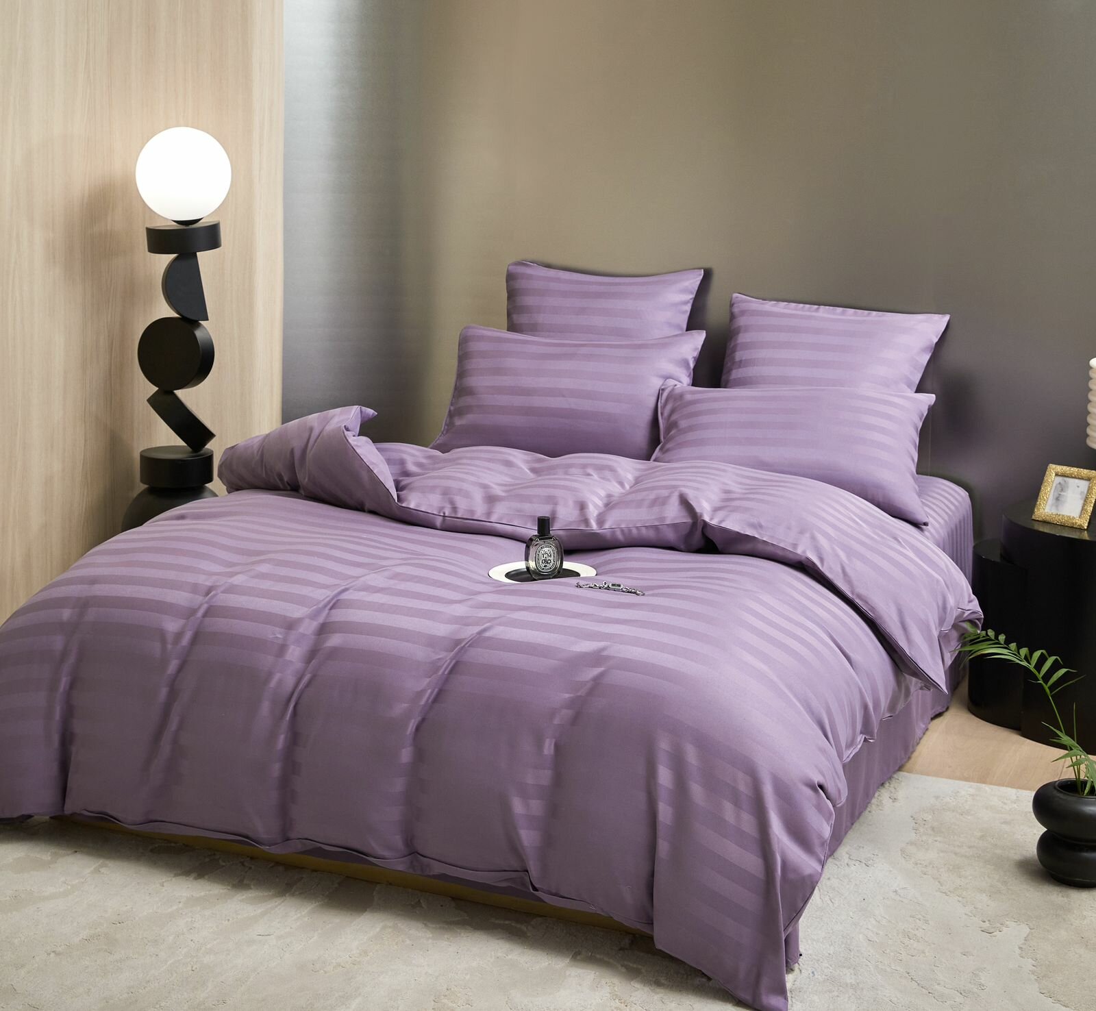 Постельное белье евро 2 спальное сиреневый WinniMency страйп сатин простыня 215x230