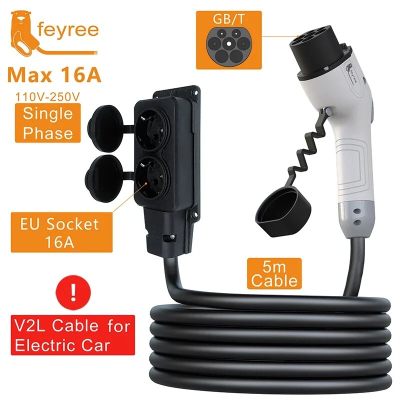 Кабель для разрядки Feyree V2L, зарядное устройство для электромобилей, шнур GBT, зарядный кабель 16А, 5 м с адаптером EU, для уличных зарядных станций и электромобилей