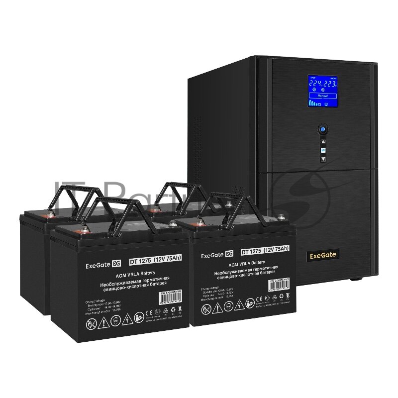 Комплект ИБП EX295990RUS + батарея 75Aч EX282983RUS 4шт (инвертор, синус, для котла) ExeGate SineTower SZ-3000. LCD. AVR.3SH.1C13. RJ. USB <3000VA/2400W, чистый синусоида, LCD дисплей, AVR, 3*Schuko+1*C13, RJ45/11, USB, линейно-интерактивный, Black> + бат