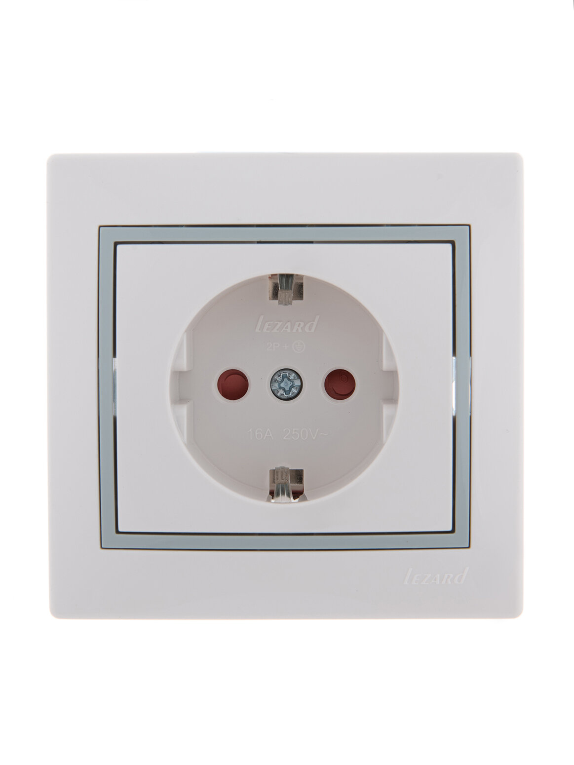 Розетка LEZARD MIRA с защитой от детей керамика белая с серой вставкой