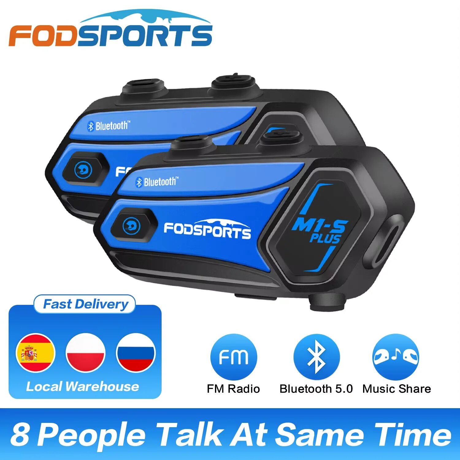 2pcs Fodsports M1-S Plus Мотоциклетный домофонный шлем Беспроводная Bluetooth-гарнитура для внутренней связи 8 Rider BT Домофон, FM-радио, обмен музыкой, шумоподавление, голосовая подсказка, BT 5.0