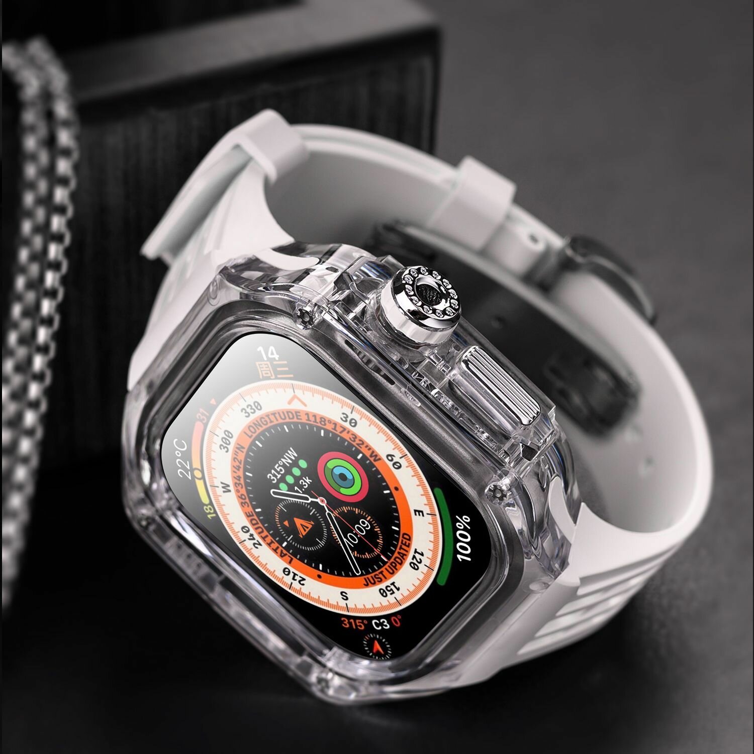 Высокий прозрачный корпус + ремешок из фторкаучука для Apple Watch Ultra 2 / Ultra 49 мм, Роскошный Richard RM комплект модификации, Посеребренные пуговицы-белый ремешок