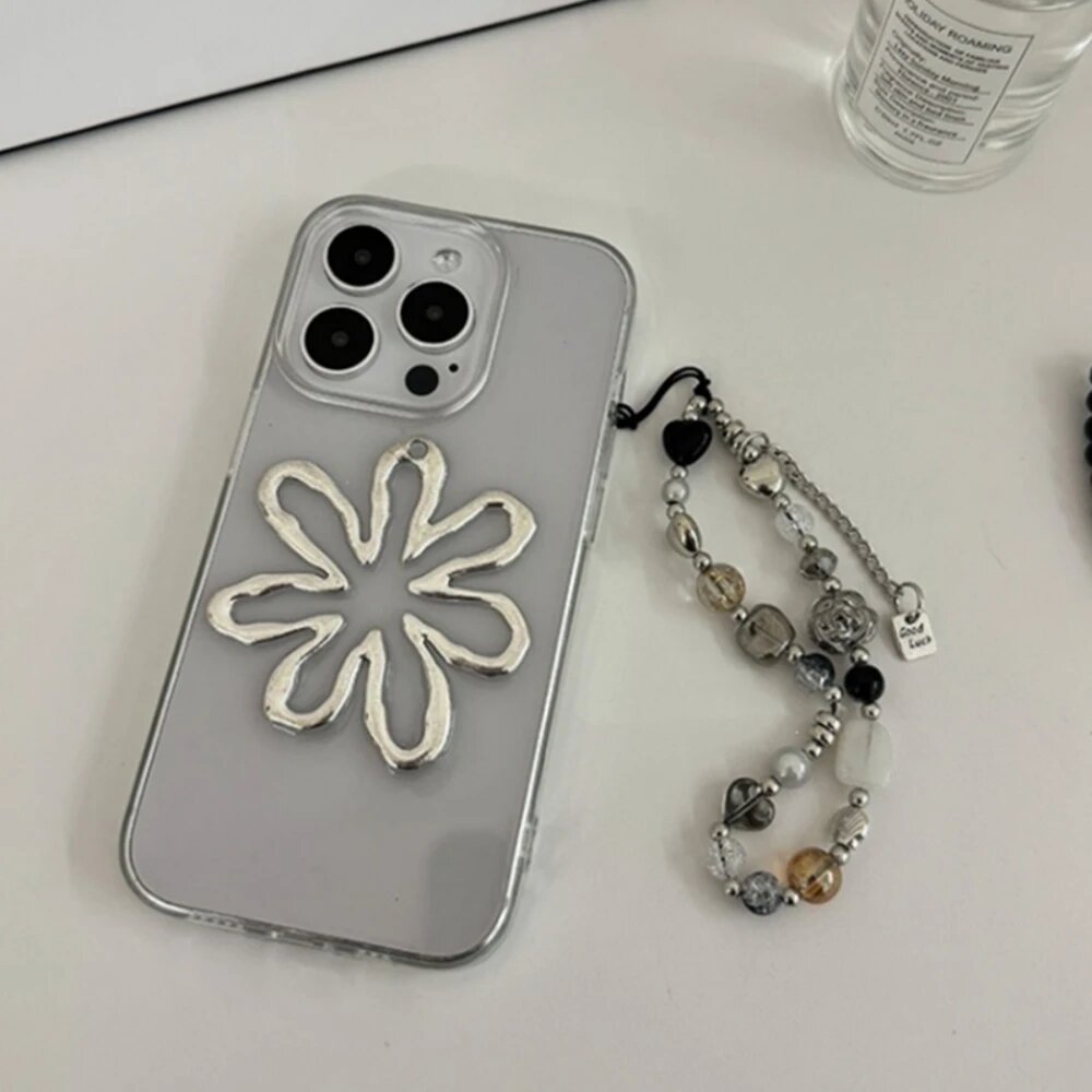 Милый серебристый прозрачный чехол для телефона с 3D подсолнухом и ремешком из бисера для iPhone 16, 15, 13, 14, 12, 11 Pro Max, мягкая силиконовая задняя крышка с капельным клеем