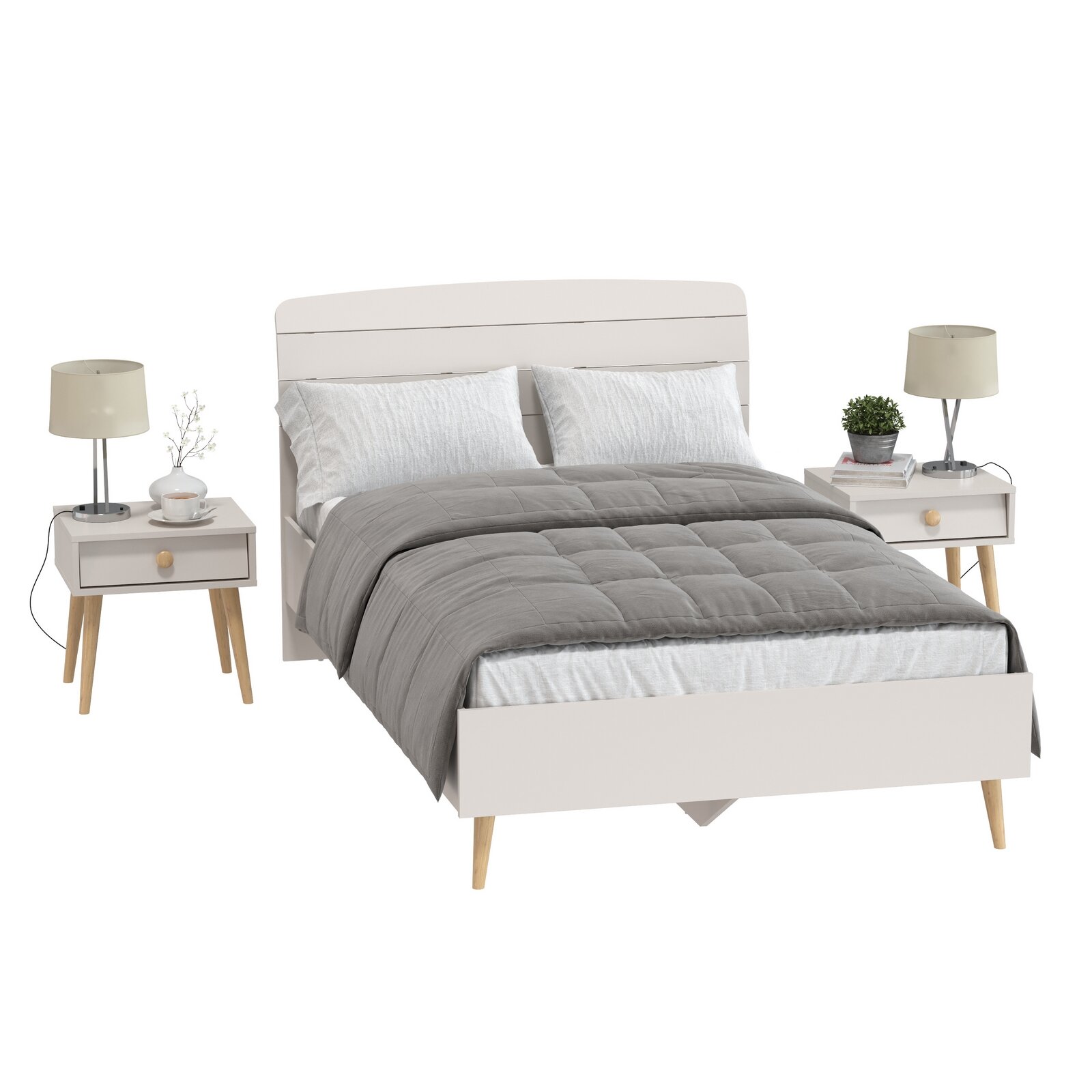 Кровать Афина 1200 с двумя прикроватными тумбочками, цвет кашемир серый, 3 предмета