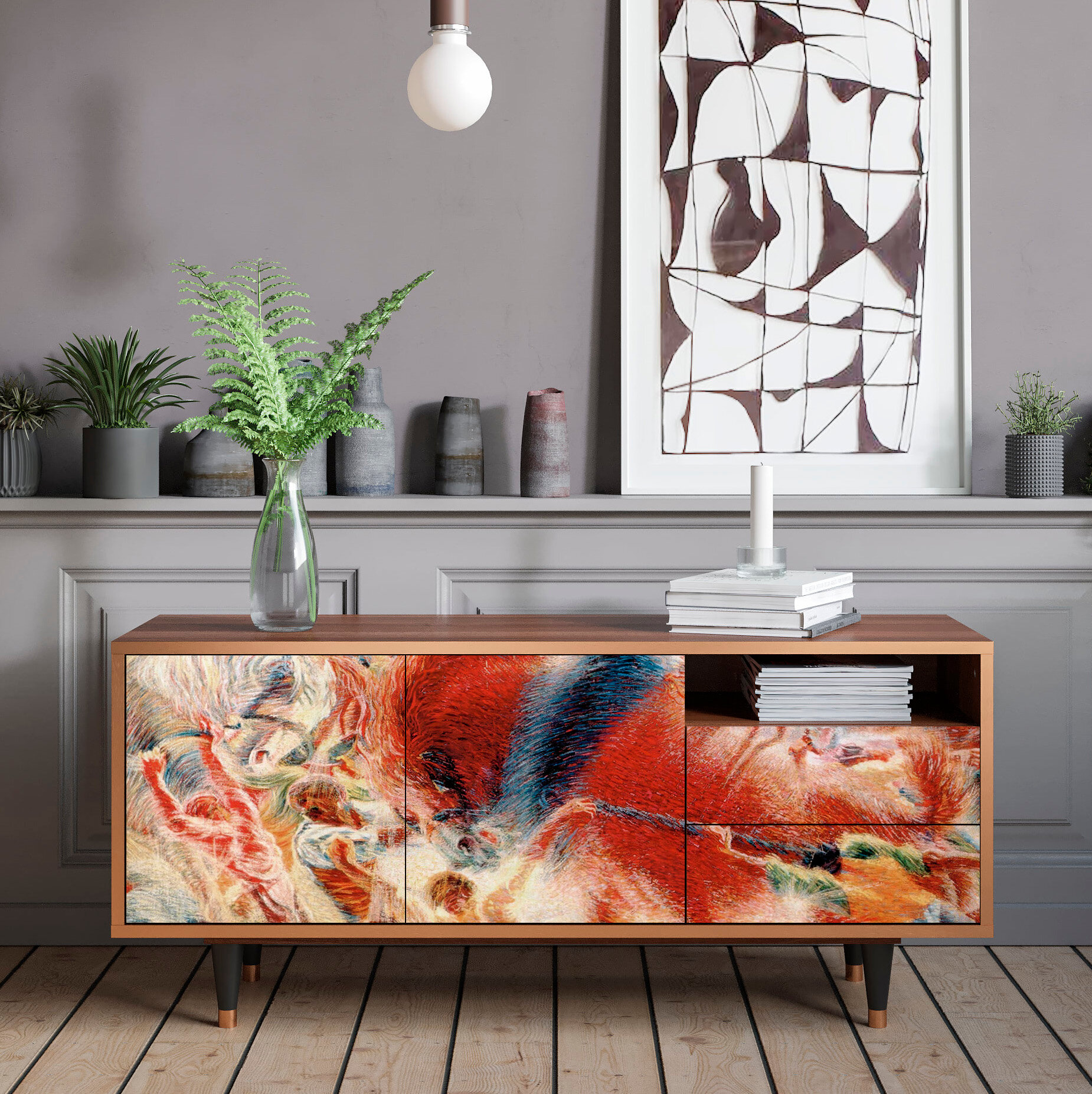 ТВ-Тумба - STORYZ - T7 The City Rises by Umberto Boccioni, Размер - 125 x 56 x 41 см, Цвет корпуса - , Орех